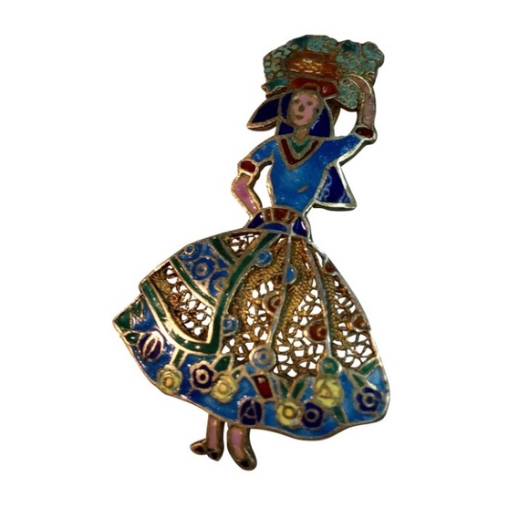 Vintage | Jewelry | Vintage Gold Colorful Enamel Lady Brooch Pin | Poshmark